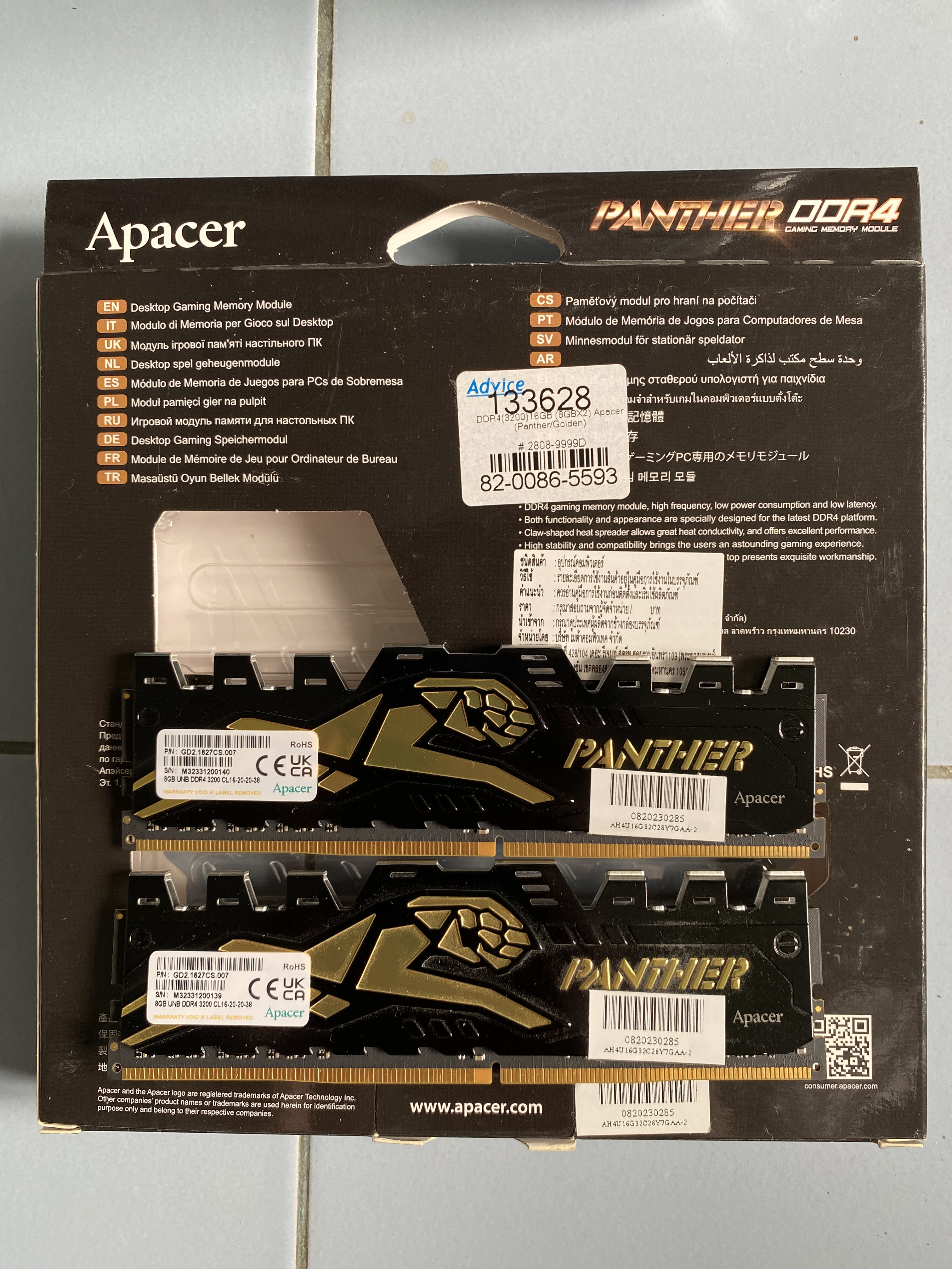 RAM DDr4 (3200) 16GB (8*2) Apacer PANTHER GOLDEN ประกัน Lt ...